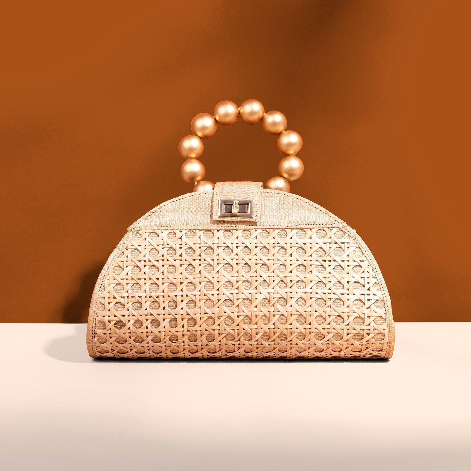 THE ISABELLA Tan Rattan Solihiya Weave and Gold Bead Top Handle Statem ...